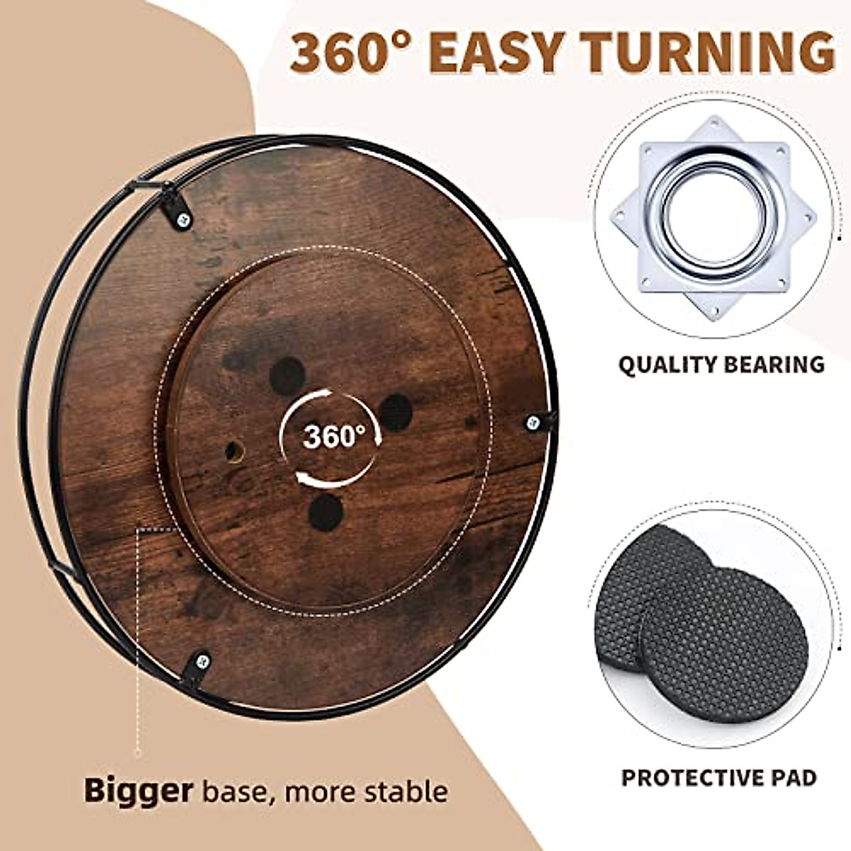 12 Inch Wood Lazy Susan Turntable for Table, Kitchen Rustic Brown Turntable Organizer with Steel Frame, 360 Degree Decorative Turntable for Countertop Cabinet or Centerpieces