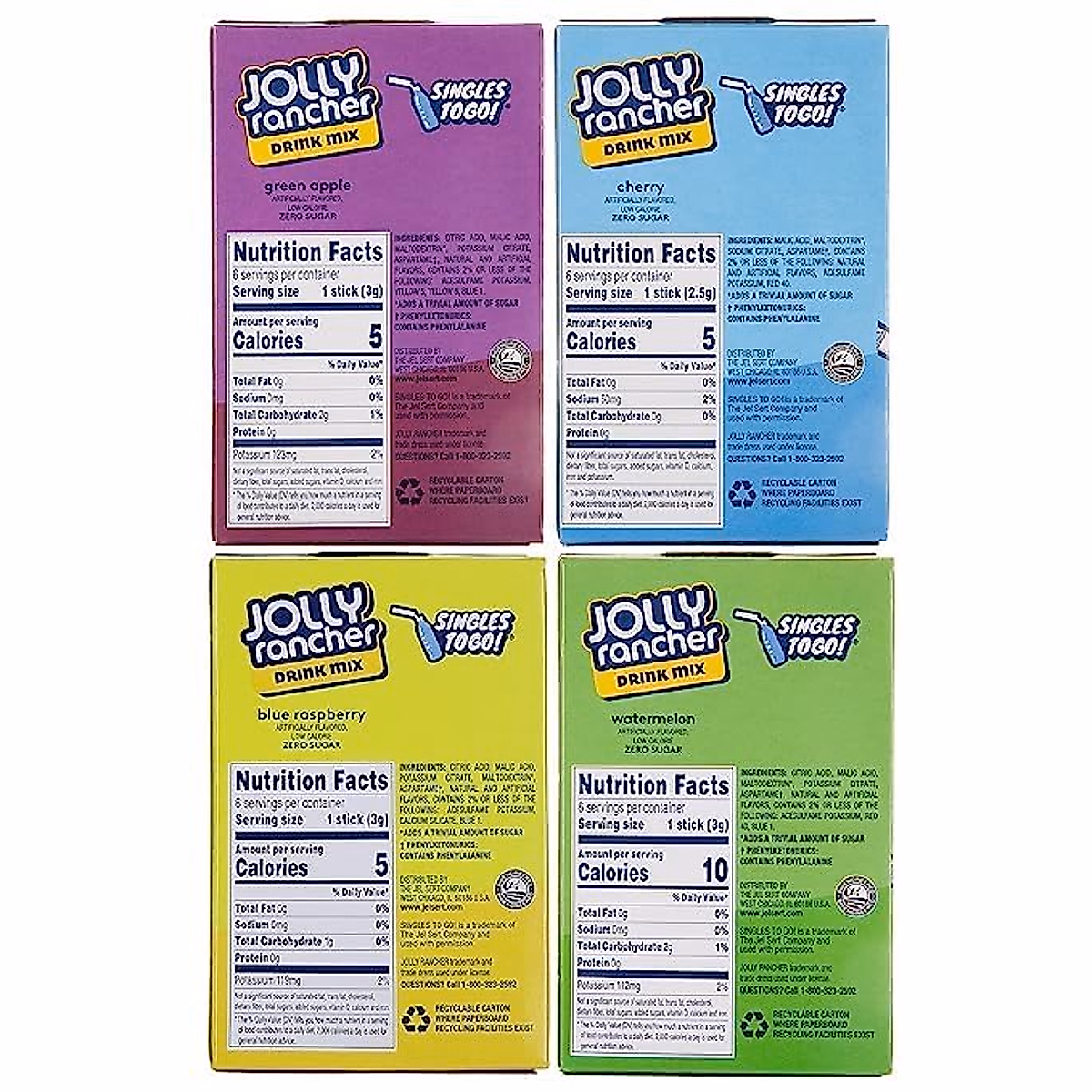 Jolly Rancher SINGLES TO GO! Drink Mix WaterTok Bundle - Blue Raspberry, Green Apple, Watermelon and Cherry Drink Mix