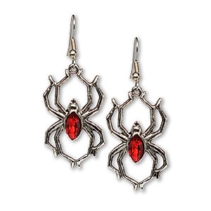 Gothic Spider Dangle Earrings with Red Stone Body Silver Finish Pewter