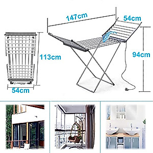 20 Bars Winged Electric Heated Clothes Airer - Energy-Efficient Indoor Horse Rack - Indoor Laundry Clothes Drying Rack - for Indoor Outdoor Home Laundry Room Apartment, Foldable