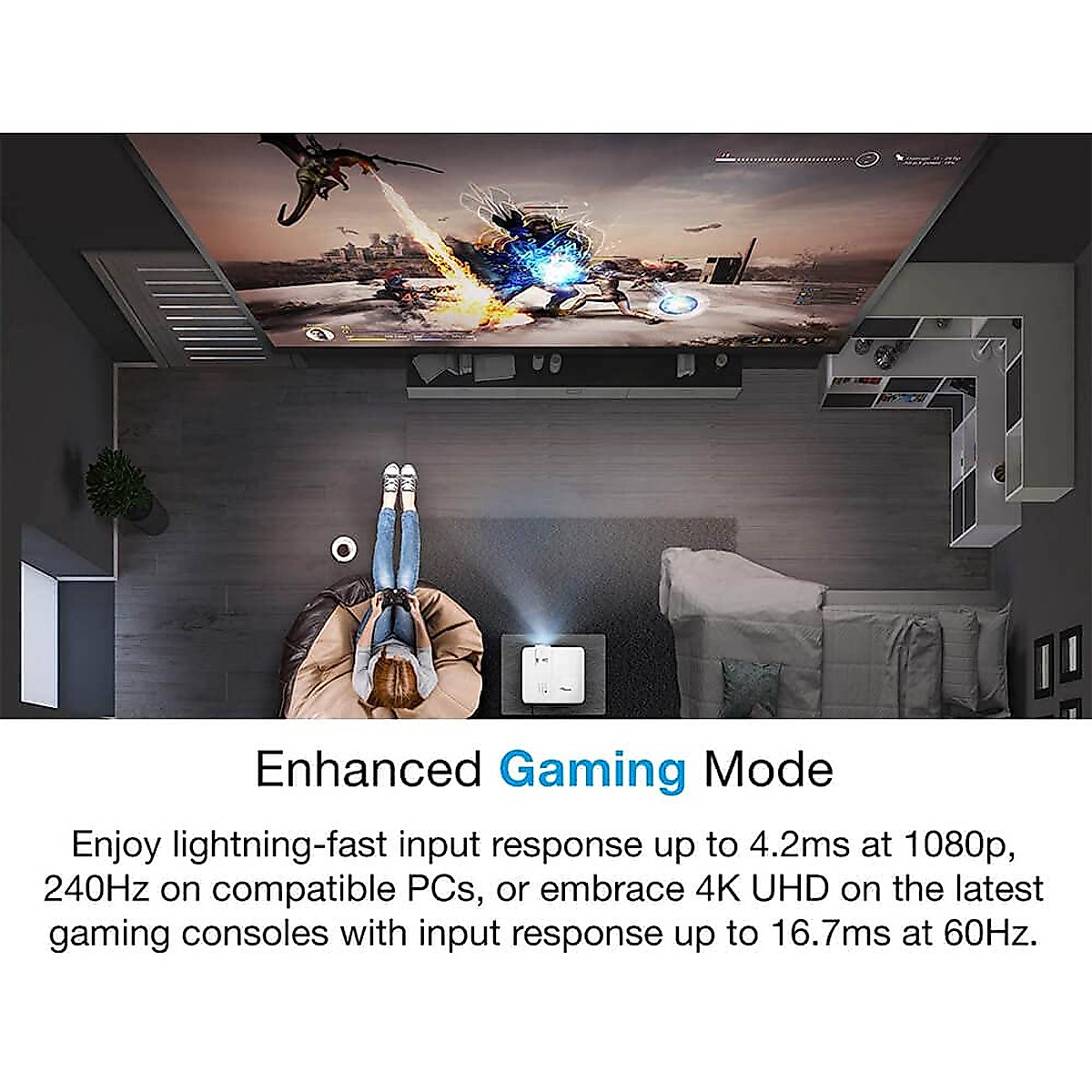 Optoma UHD38 Bright, True 4K UHD Gaming Projector | 4000 Lumens | 4.2ms Response Time at 1080p with Enhanced Gaming Mode | Lowest Input Lag on 4K Projector | 240Hz Refresh Rate | HDR10 & HLG