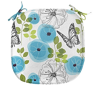 Lunarable Pale Blue Chair Seating Cushion Set of 6, Blue Poppies Butterfly Branches Leaves Botany Garden Nature Concept, Anti-Slip Seat Padding for Kitchen & Patio, 16"x16", Pale Blue Green White