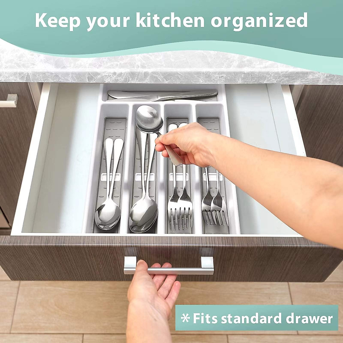 Joequality Silverware Organizer with Icons，Plastic Cutlery silverware Tray for Drawer，Utensil Flatware Tableware Organizer for Kitchen with Non-slip TPR,Fits Standard Drawer,5-Compartment，Grey