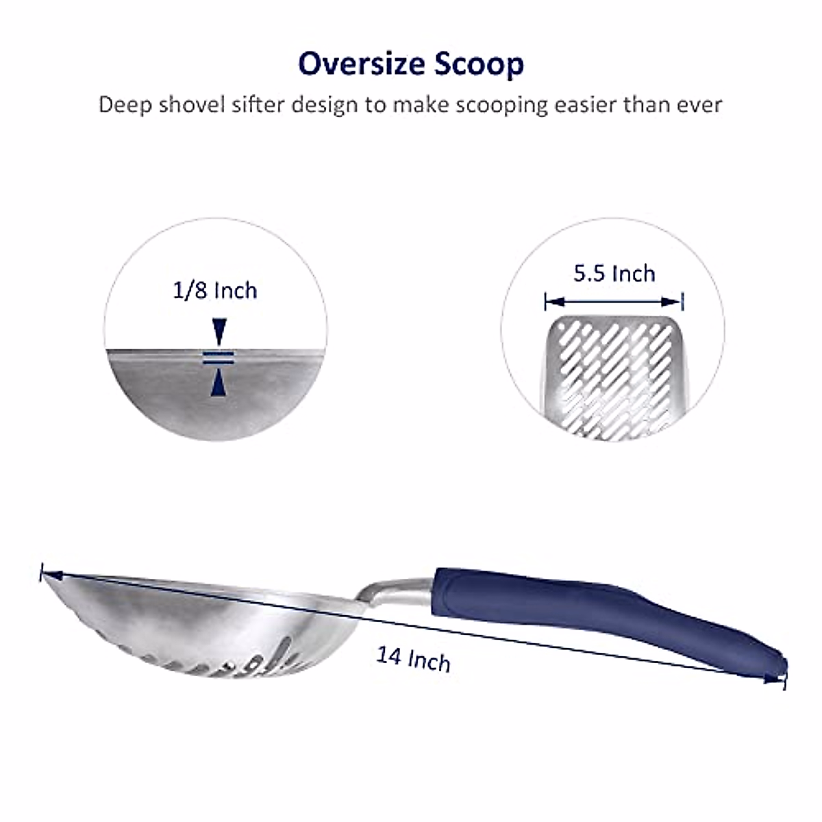 WePet Cat Litter Scoop, Aluminum Alloy Sifter, Kitty Metal Scooper, Deep Shovel, Long Handle, Poop Sifting, Kitten Pooper Lifter, for Litter Box, Irregularly Aluminum with Turkish Blue Handle