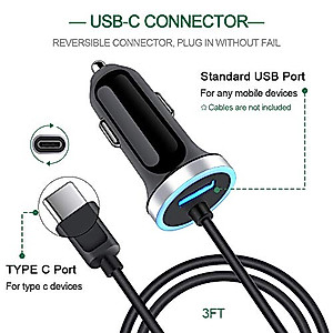 USB C Car Charger, 3.4A Fast Charging Car Charger for Samsung Galaxy S23 S22 S21 S20 S10E S9 S8 Note 20 10 9 8 A50 A20 A51 A70 A71 A21 A10E, LG G7 V60 Stylo 6/5, Car Adapter 3ft Type C Charger Cable