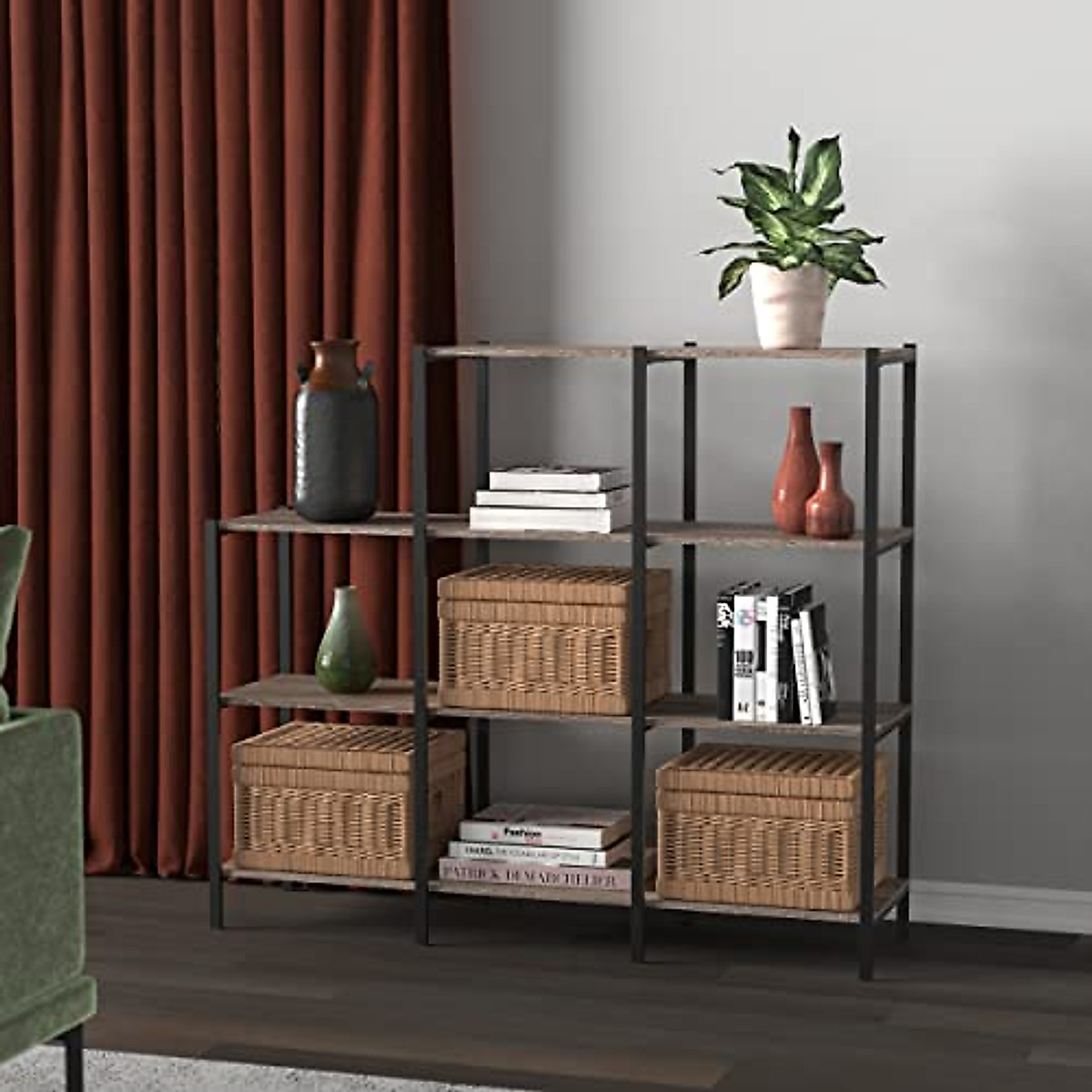 ClosetMaid Ladder Step Bookcase, 4 Tier, 5 Shelves, Display Shelf for Living Room or Office, Industrial Black Metal and Wood, Weathered Gray