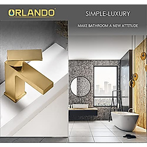 Brushed Gold Bathroom Faucet Single Hole, Modern Brass Bathroom Sink Faucet, Orlando Single Handle Vanity Faucet with Pop-up Drain Assembly and Supply Line, Brushed Gold