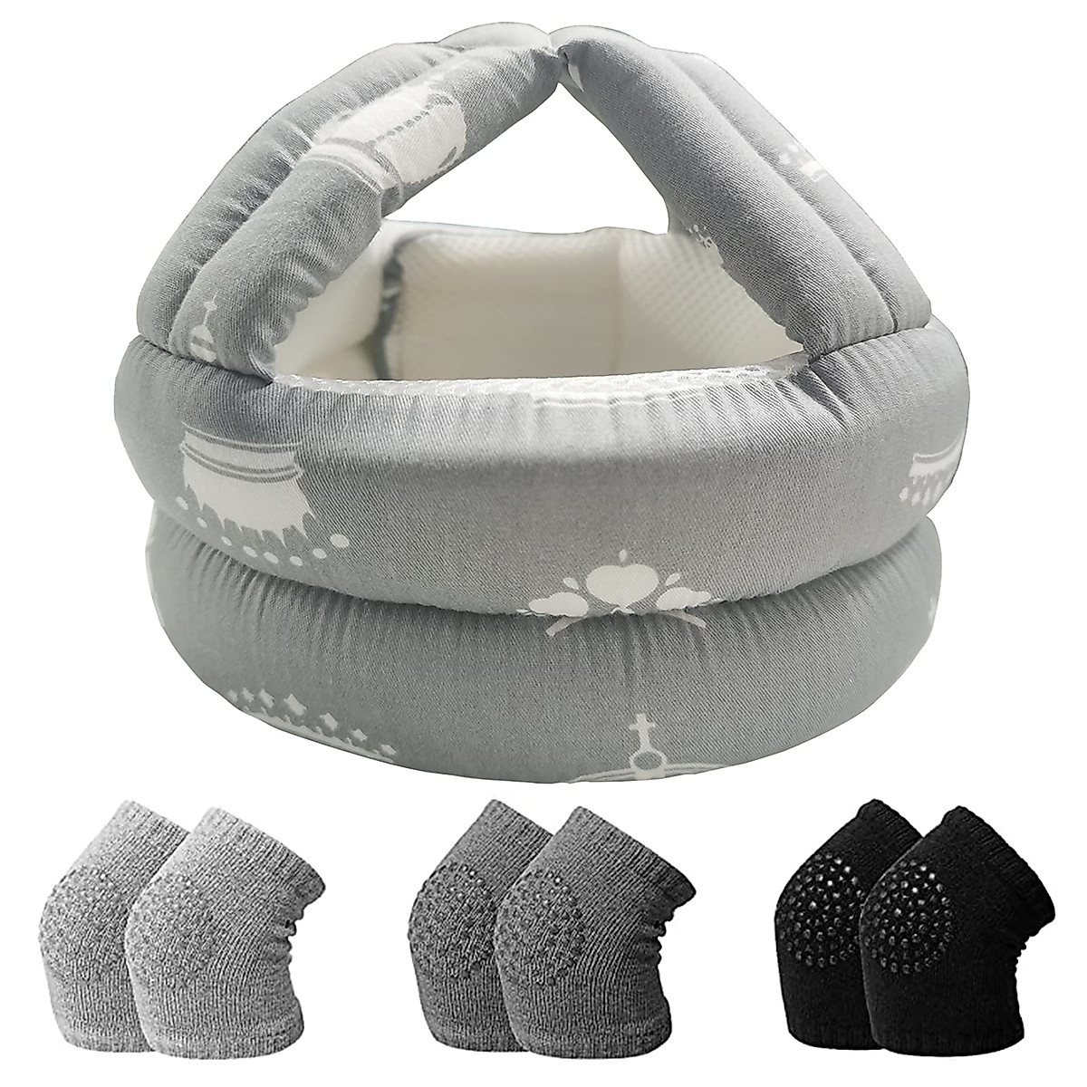 IULONEE Toddler Infant Helmet & Baby Knee Pads 3 Pairs, No Bump Safety Head Cushion Bumper Bonnet Adjustable Protective Cap Breathable Mesh Child Safety Hat for Running Walking Crawling (Grey Crown)