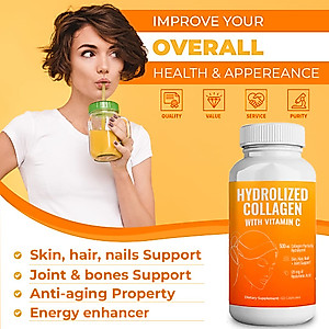Aura Vitamin Hydrolyzed Collagen with Vitamin C Capsules 500mg Great Energy | Skin, Hair and Nail Support | Hyaluronic Acid Pills - 60ct (1)