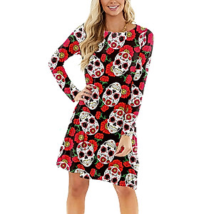 Women Sugar Skull Dresses Day of The Dead Halloween Flare Holiday Dress with Pocket XL