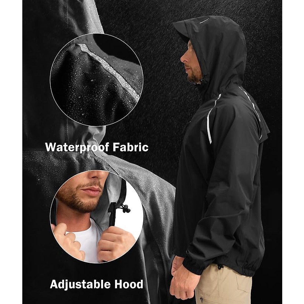 Men's Cycling Rain Jackets Waterproof Running Windbreaker Hooded Reflective Bike Hiking Biking Windproof Bicycle Riding(Black,XL)