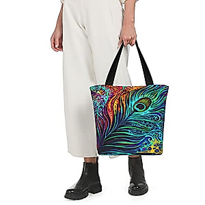 Qaxcdmky Peacock Feather Tote Bag Large Shoulder Bag Casual Reusable Handbag For Women Shopping Grocery Work