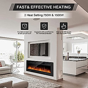 MEPTY 36" Electric Fireplace, Recessed and Wall Mounted Fireplace Insert, Fireplace Heater and Linear Fireplace with Remote Control, Timer, Adjustable Flame Color & Speed, Log Set & Crystal, Black