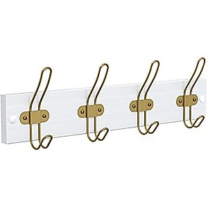 Tibres - Brushed Gold Wall Hooks for Hanging Coat Clothes and Towel - Brushed Gold Coat Hook Rack Door or Wall Mount - White Hanger with 4 Metal Matte Gold Hooks for Bathroom - Solid Wood