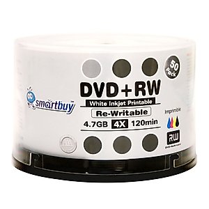 50 Pack Smartbuy Blank DVD+RW 4X 4.7GB 120Min White Inkjet Hub Printable Rewritable DVD Media Disc