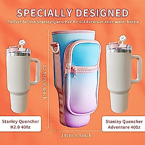 Water Bottle Carrier Bag for Stanley Quencher H2.0, 40oz Bottle Pouch Holder with Adjustable Shoulder Strap, Water Bottle Sling Sleeve with Phone Pocket for Hiking Travelling Camping (Bluepurple)