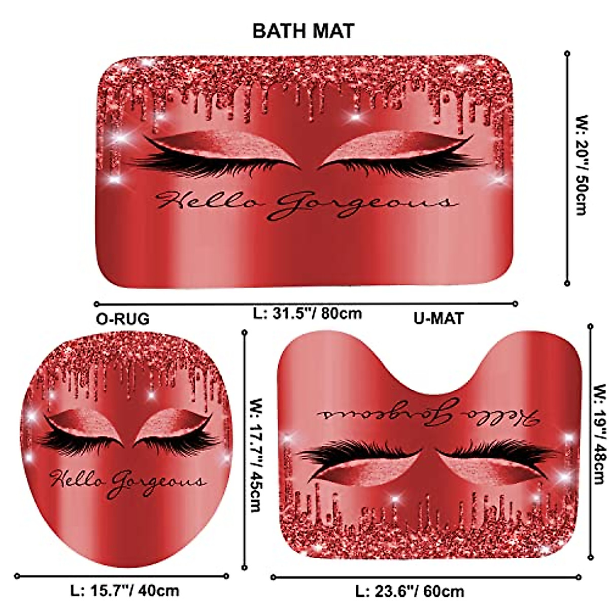 4Pcs Red Hello Gorgeous Shower Curtains Bathroom Sets with Rugs and Accessories for Women Bling Eyelash Modern Red Shower Curtains Sets with Soft Bath Mat and Toilet Seat Cover