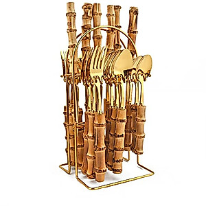 Snplowum 24-Piece Gold Stainless Steel Flatware Set, Bamboo Handle Cutlery with Stand Dinnerware Set Include Knife Fork Spoon And Teaspoon, Service For 6, Mirror Finished.