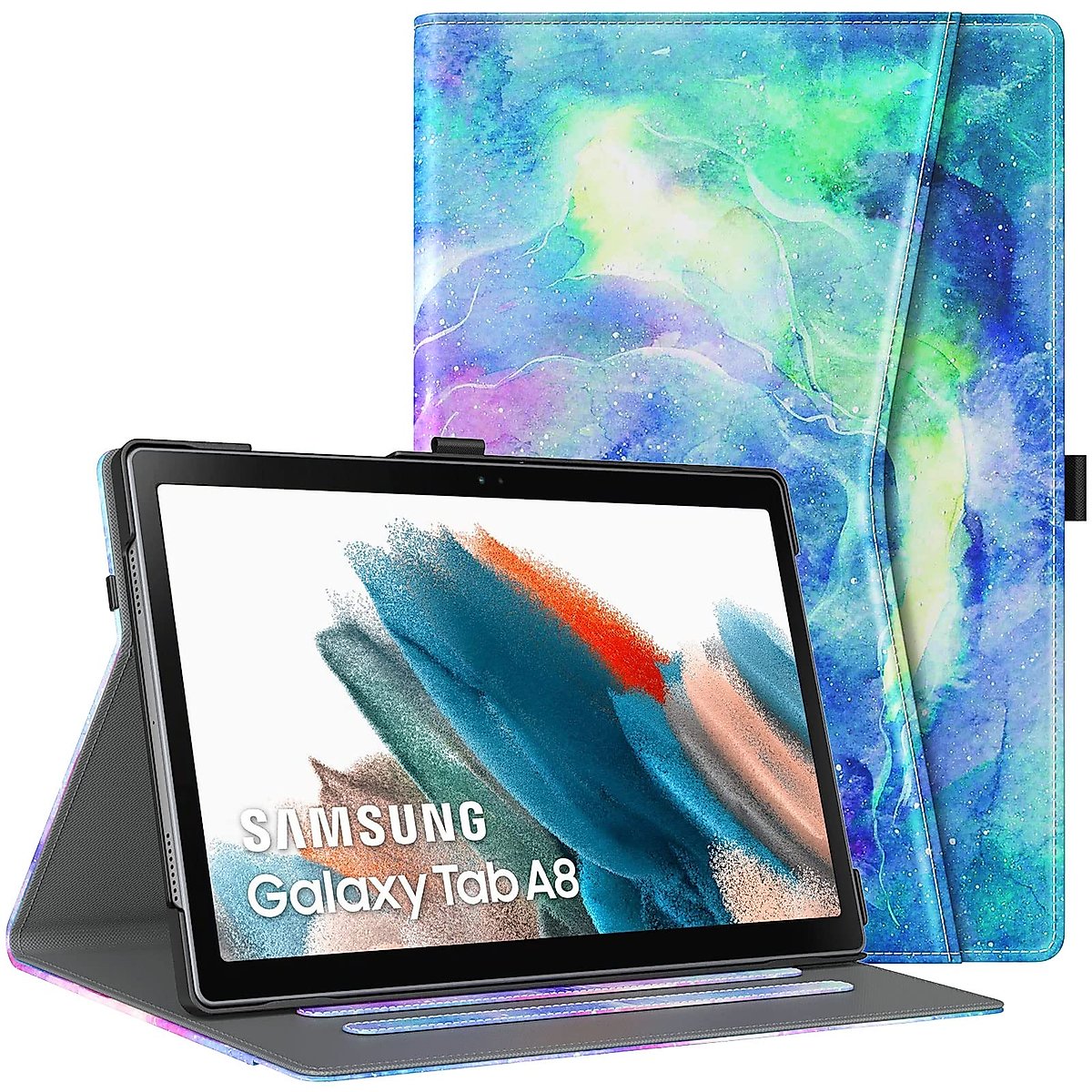 TiMOVO Case for Galaxy Tab A8 10.5 inch 2022 SM-X200/SM-X205, Multiple Viewing Angles Folding Stand Case with Document Card Slots and Hand Hold Strap Fit Samsung Tab A8 Case, Dreamy Nebula