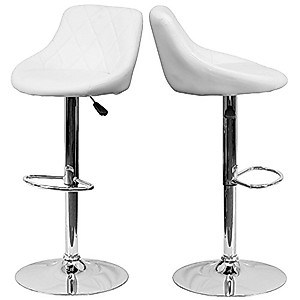 Contemporary Bar Stool Bucket Seat Design Hydraulic Adjustable Height 360-Degree Swivel Seat Sturdy Steel Frame Chrome Base Dining Chair Bar Pub Stool Home Office Furniture - Set of 2 White #1984