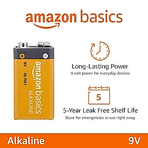 Amazon Basics 4-Pack 9 Volt Alkaline Everyday Batteries, 5-Year Shelf Life