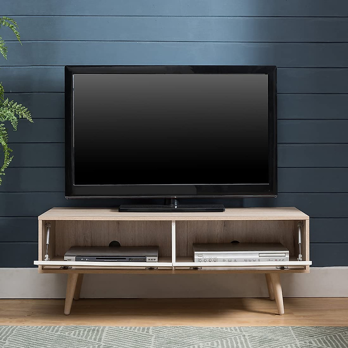 CENSI Natural Oak Television TV Stand, Wooden Console Coffee Table, Lowline for Small Space, 47 Inch Mid-Century Modern Style, Fits TVs up to 55" (Light Wood)