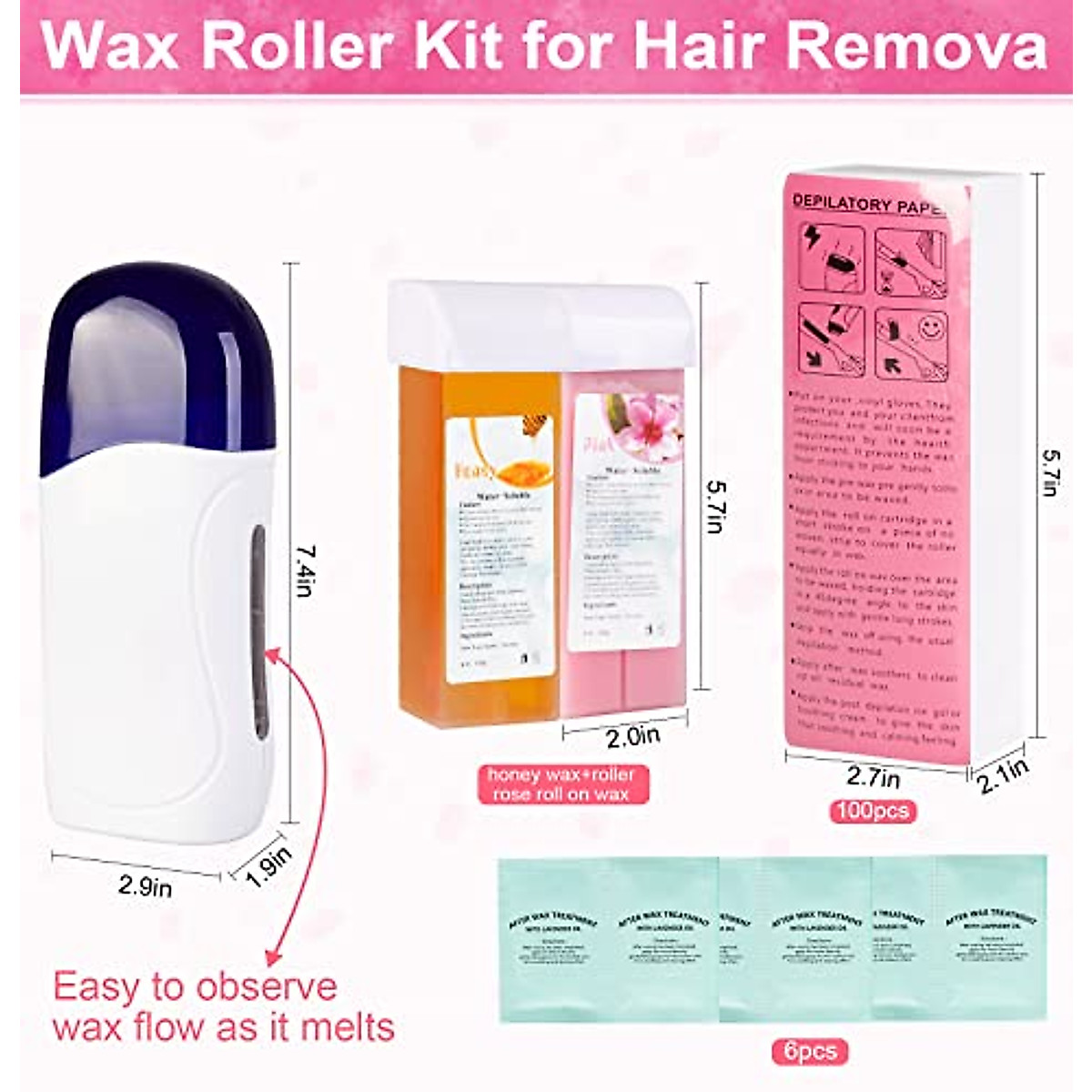 Wax Roller Kit for Hair Removal,Roller Waxing Kit,Roll On Wax Kit For Hair Removal Sensitive Skin,Roll On Wax Kit For Face,Arms, Legs And Larger Areas Of The Body Hair Removal,Roll on Wax Warmer Kit