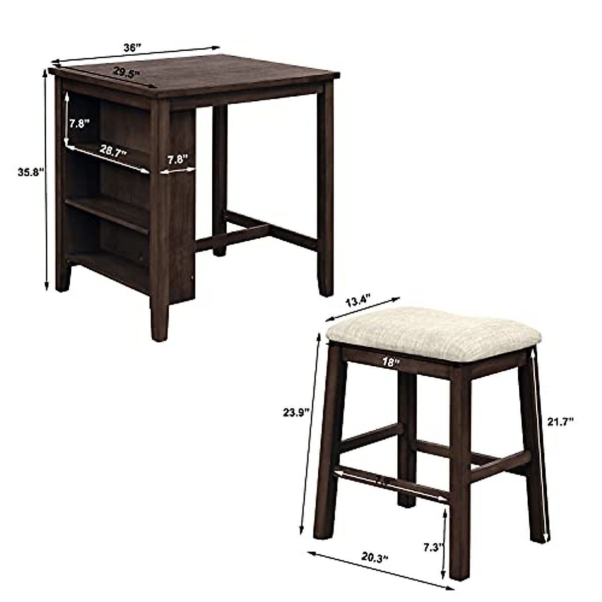 Bellemave 3 Piece Dining Table Set Counter Height Table Chair Set with 1 Table, 2 Padded Stools, Storage Shelf for Kitchen, Dining Room, Brown