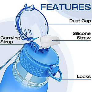 OLDLEY Kids Water Bottle for School, 12 oz (Straw Lid) BPA-Free Reusable Leak-proof Durable Tritan Plastic Water Bottles with One-handed Opening Straw Lids, Anti-dust Spout Cover (Blue)