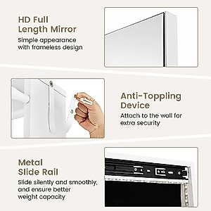 CHARMAID 65.5" H Jewelry Armoire with Full Length Mirror and Clothes Rack, Slide-Out Jewelry Cabinet with 3-Color LED lights, Rear Shelves, Hanging Rods, 360° Swivel Jewelry Organizer Storage (White)