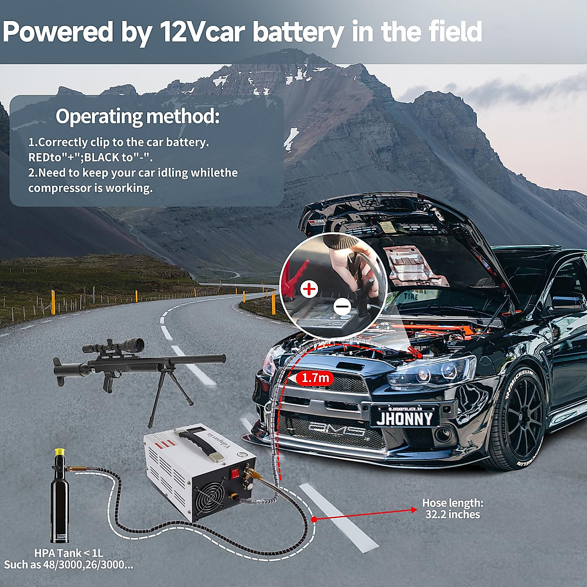 Vdapavin Pcp Air Compressor, 4500Psi 30Mpa Portable PCP Airgun Compressor with External Converter,12V DC/110V AC Oil & Water-Free Manual-Stop Air Rifle, Paintball and Scuba Tank Compressor Pump