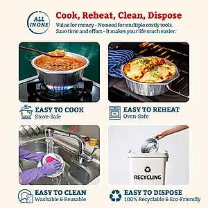 8 Inch Deep Round Disposable Pans (15 Pack) | Reusable Leak-Proof Aluminum Pans for Cooking, Baking, Roasting | Multi-Use Tins for Oven, Freezer, Microwave | Deep Cookware for Casserole, Lasagna, Soup