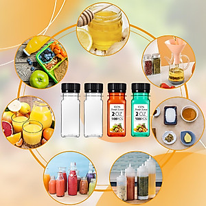 50 Pcs 2oz Clear Plastic Bottles, Mini Juice Bottle with Black Screw Lid, Juice Bottles Empty Reusable Liquid Vial Freezer Safe Drinking Beverage Container Leak Proof for Juice Milk Water Beverages