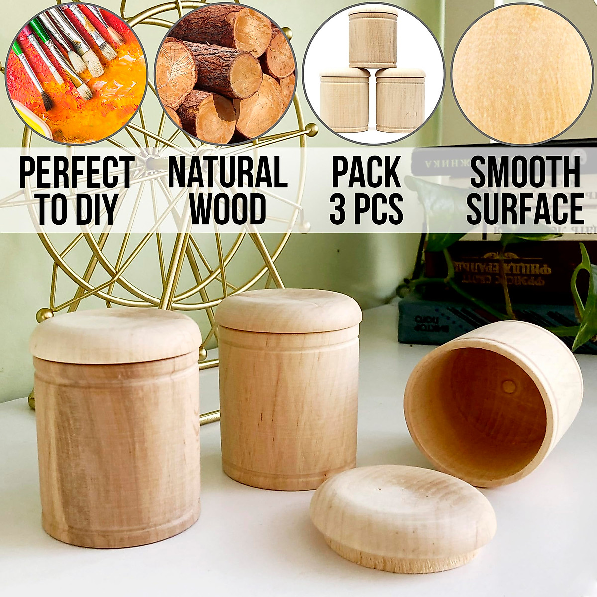 AEVVV 3pcs 2.8''x2'' Round Wooden Box with Lid Trinket Box Wedding Jewelry Box Decorative Boxes DIY Storage Trinket Bearer Container Case Wood Ring Box