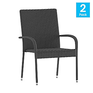 EMMA + OLIVER Sala Stacking All-Weather Patio Chair - Gray Woven Polyethylene Wicker - Powder Coated Steel Frame - for Indoor & Outdoor Use - Set of Four
