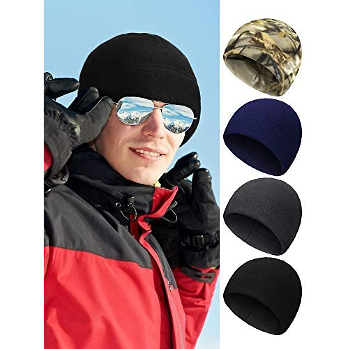 SATINIOR 4 Pieces Skull Caps for Men Women Fleece Winter Hat Warm Soft Polar Beanie Hat Thick Windproof(Black, Camouflage, Navy Blue, Grey, Large)