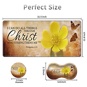 Desk Pad Mat + Wrist Rest Pad + Coasters Set, Durable Office Desk Mat 31.5"x 11.8", Large Gaming Mouse Pad Extended Non-Slip Rubber Base Keyboard Pad for Laptop & Home, Bible Verse Philippians 4:13