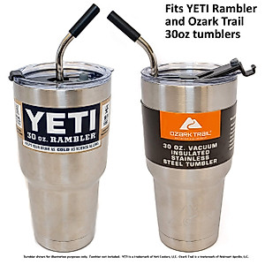 Spill Proof Tumbler Lid with Angled Stainless Steel Straw + Silicone Straw Tip + Straw Cleaning Brush for Yeti Rambler or Ozark Trail Tumblers (30oz, Black)