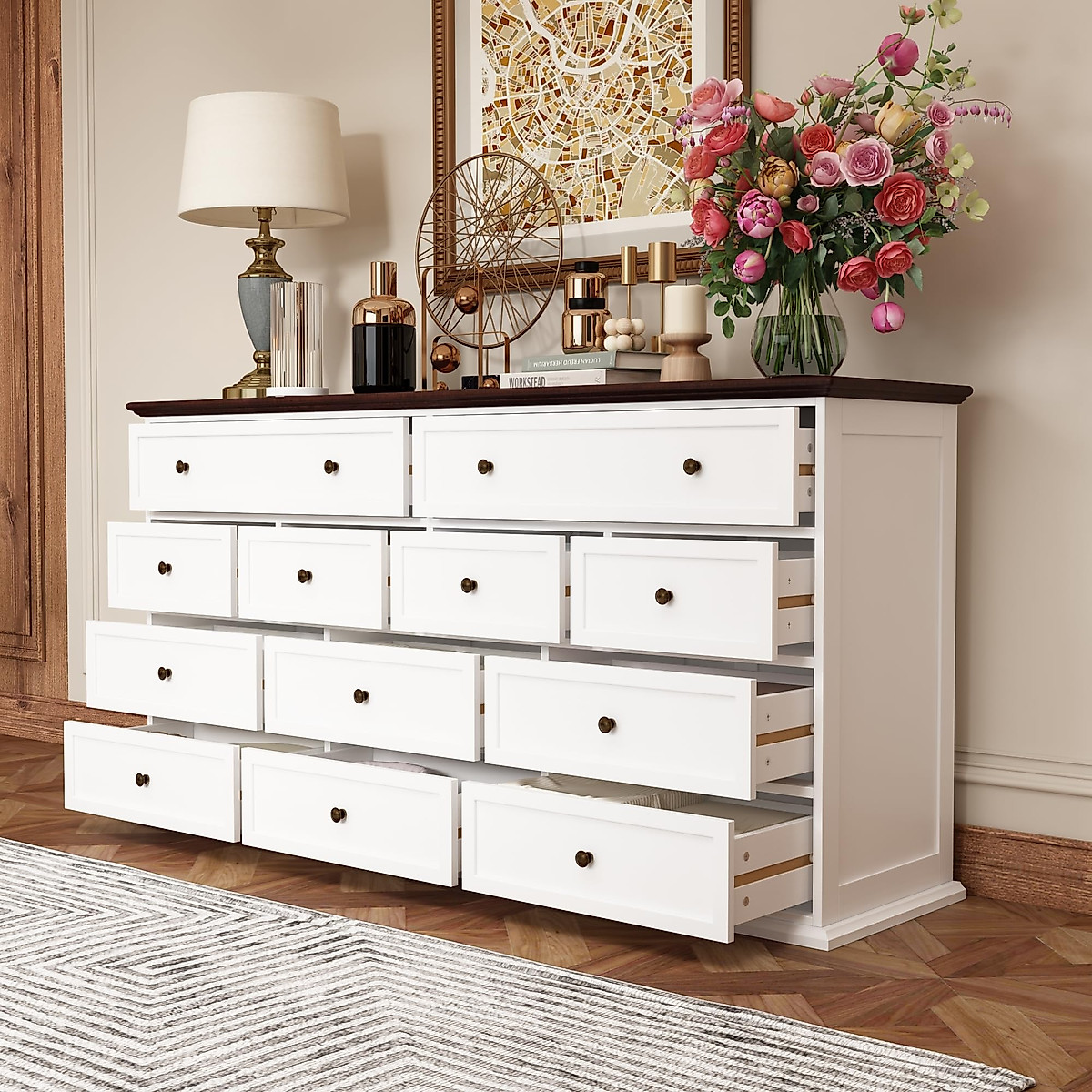 ECACAD Vintage Storage Dresser with 12 Drawers & Brown Top, 61" L Wood Double Dresser Chest of Drawers with Metal Handles for Bedroom, Living Room, White