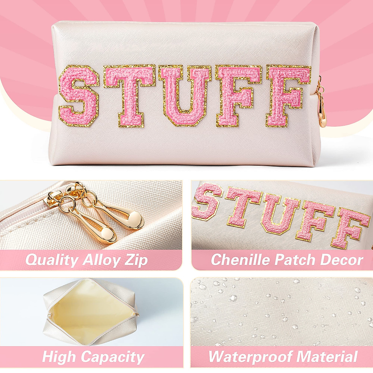 Y1tvei Preppy Makeup Bag Gifts - Preppy Patch Extra Large Stuff Varsity Letter Makeup Bag Sewn with Pink Letter PU Leather Waterproof Cosmetic Pouch Toiletry Zipper Organizer for Women (Shell Gold)