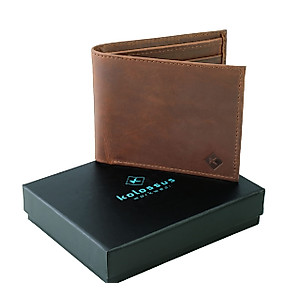 Kolossus Wallet for Men, Full Grain Leather, Minimalist Slim, RFID Blocking, Billfold with 6 Card Slots (Brown)