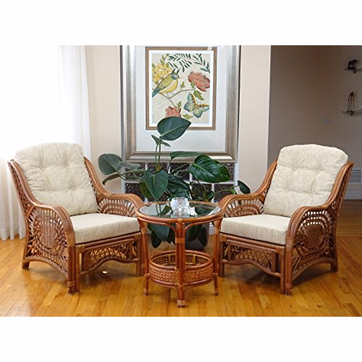 Malibu Lounge Living Accent Armchair Natural Rattan Wicker Handmade Design with Cream Cushion, Colonial