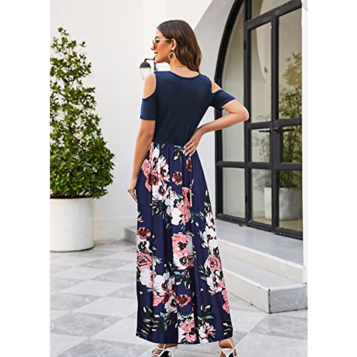 Kancystore Women's Cold Shoulder Floral Print Dresses Swing Long Dress with Pockets (Navy Blue_XXL)