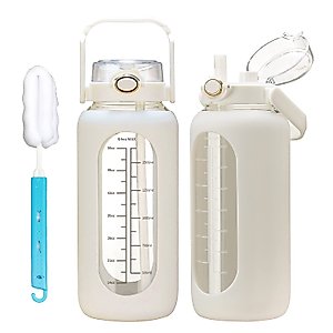 chunmo 64oz Glass Water Bolttles with Straw Half Gallon Large Motivational Water Bottle with Time Marker Sports Water Bottles with Silicone Sleeve and Handle Lid Water Jug for Gym Workout