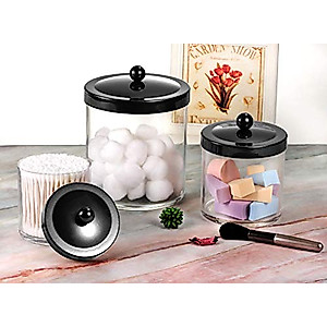 Premium Quality Apothecary Jars - Clear Plastic Storage Jars with Rust Proof Stainless Steel Lids - Bathroom Vanity Countertop Storage Organizer Canister Holder House Decor | Set of 3 (Black)