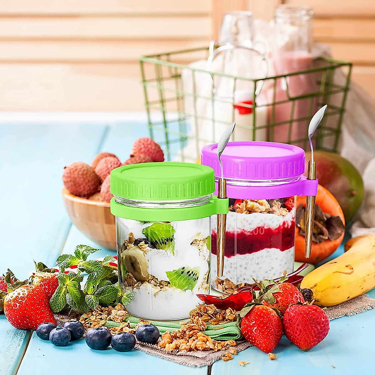 4 Pack Reusable Overnight Oats Jars with Lids and Spoons, 16 oz Airtight Overnight Oats Container, Mason Jars for Overnight Oats, Glass Mason Jars for Salads Yogurt Cereal Milk, On The Go Container