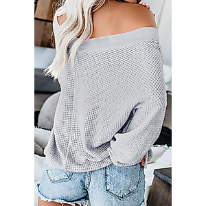 ReachMe Womens Oversized Off The Shoulder Tops Long Sleeve Waffle Knit Shirt Drop Shoulder Sweater Top(Light Grey,2XL)