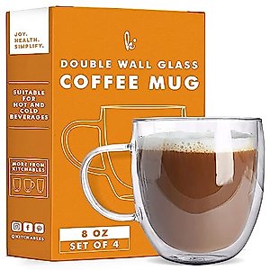 Kitchables Double Wall Glass Coffee Mugs Set of 4, 8oz with Handle Insulated Glass Coffee Mug with Handle, Clear Coffee Mugs, Tasas Transparente Para Café Bonitas