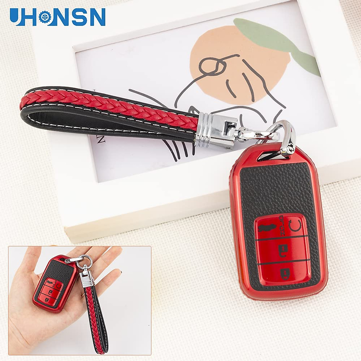 UHONSN Accessories for Honda Key Fob Cover Accord Civic Soft TPU Keys Full Covers Protector Case Pilot Odyssey Keychain Cute Girly Black & Red