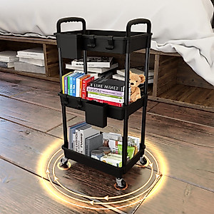 3 Tier Rolling Utility Cart with Handle,REBECAT Utility Cart Made of Multifunctional Storage Organizer Tool for Kitchen,Bathroom,Living Room,Office(Black)